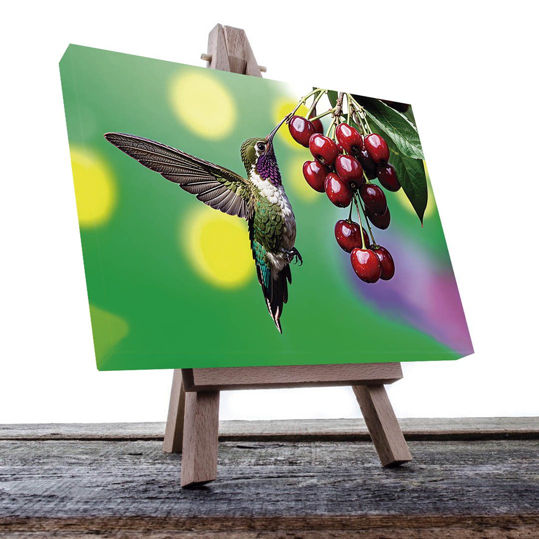 Cuadro decorativo Colibrí azul con morado y cerezas #34 45 X 30