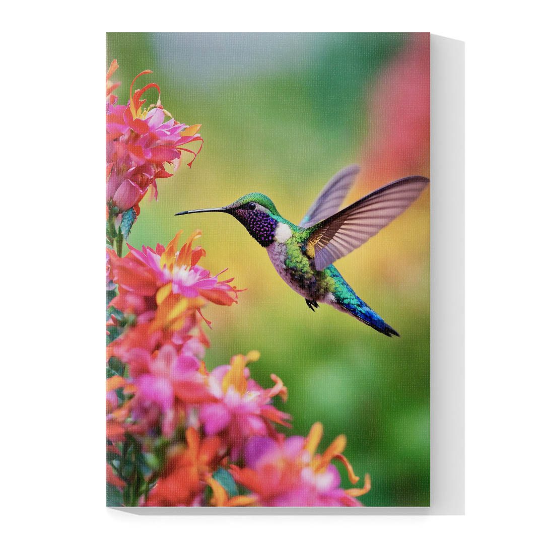 Cuadro Decorativo Colibrí Azul con Flores Rosas #38 90 X 45