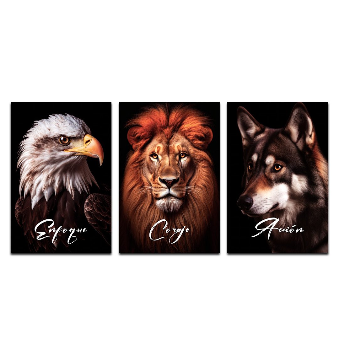 Set de 3 Cuadros Decorativos Águila, León y Lobo - Enfoque, Coraje ...