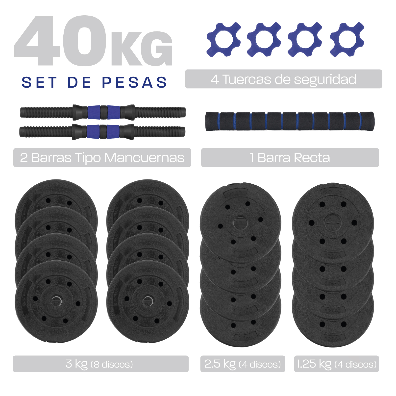 Set Mancuernas Altera Barra Ajustable Total 40kg Disco Pesas