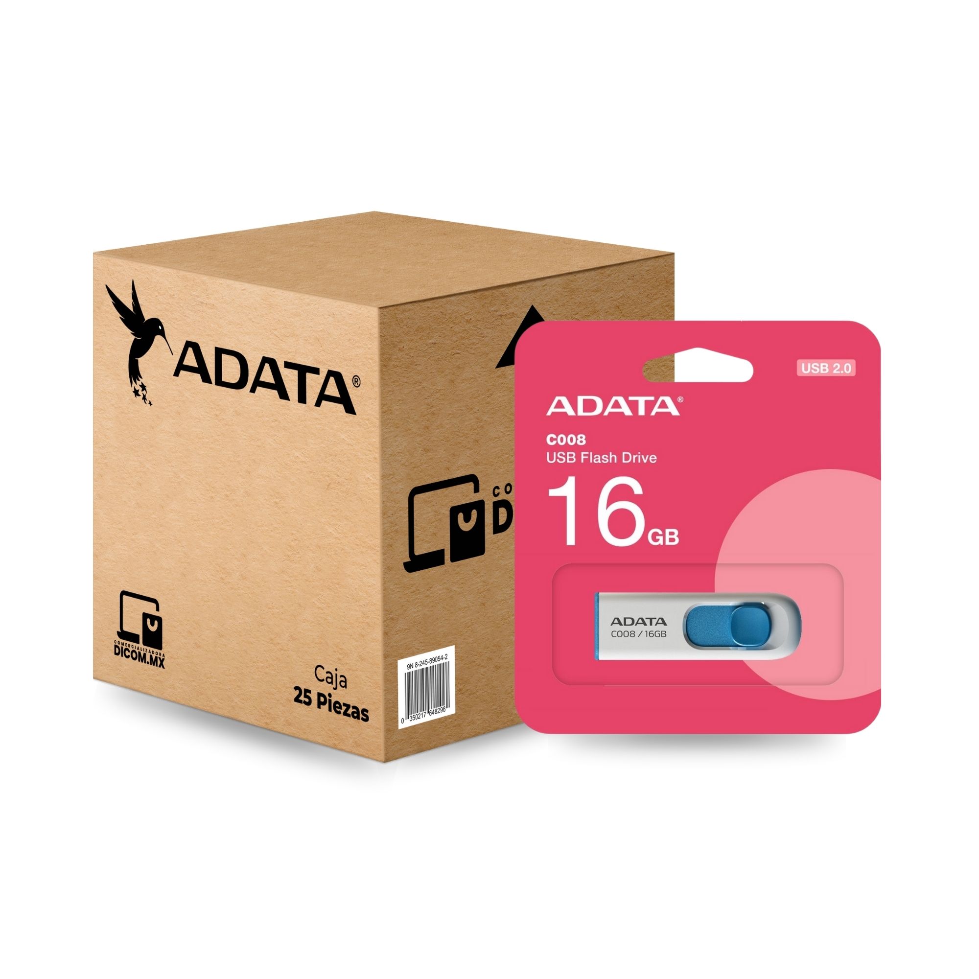 25 Pack - Memoria USB Adata C008 de 16 GB, USB 2.0, Blanco con Azul