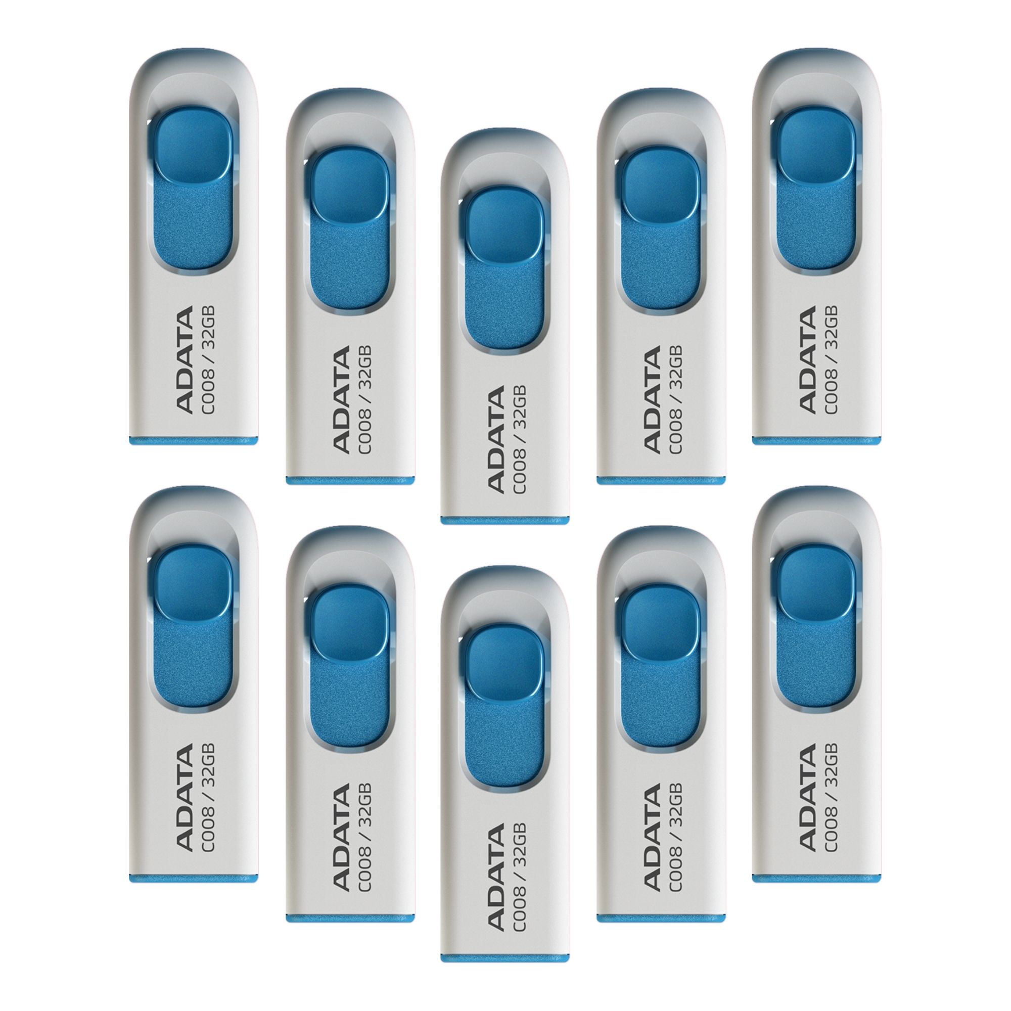 10 Pack - Memoria USB Adata C008 de 32 GB, USB 2.0, Negro con Azul