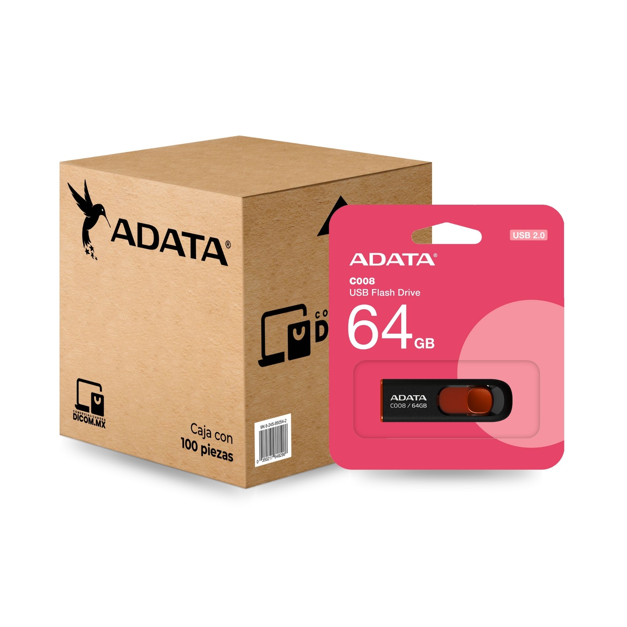 100 Pack - Memoria USB Adata C008 de 64 GB, USB 2.0, Negro con Rojo