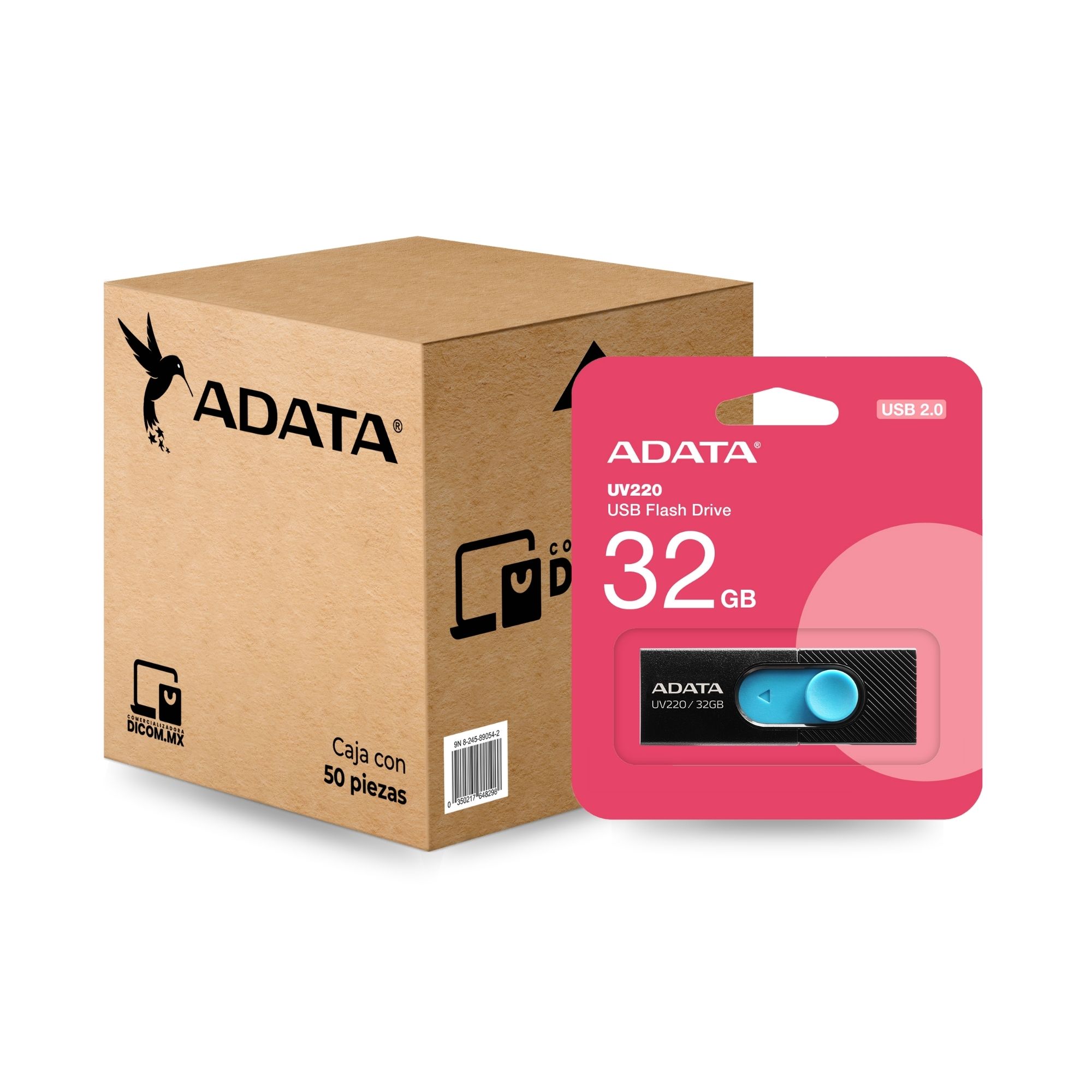 50 Pack - Memoria USB Adata UV220 de 32 GB, USB 2.0, Negro con Azul