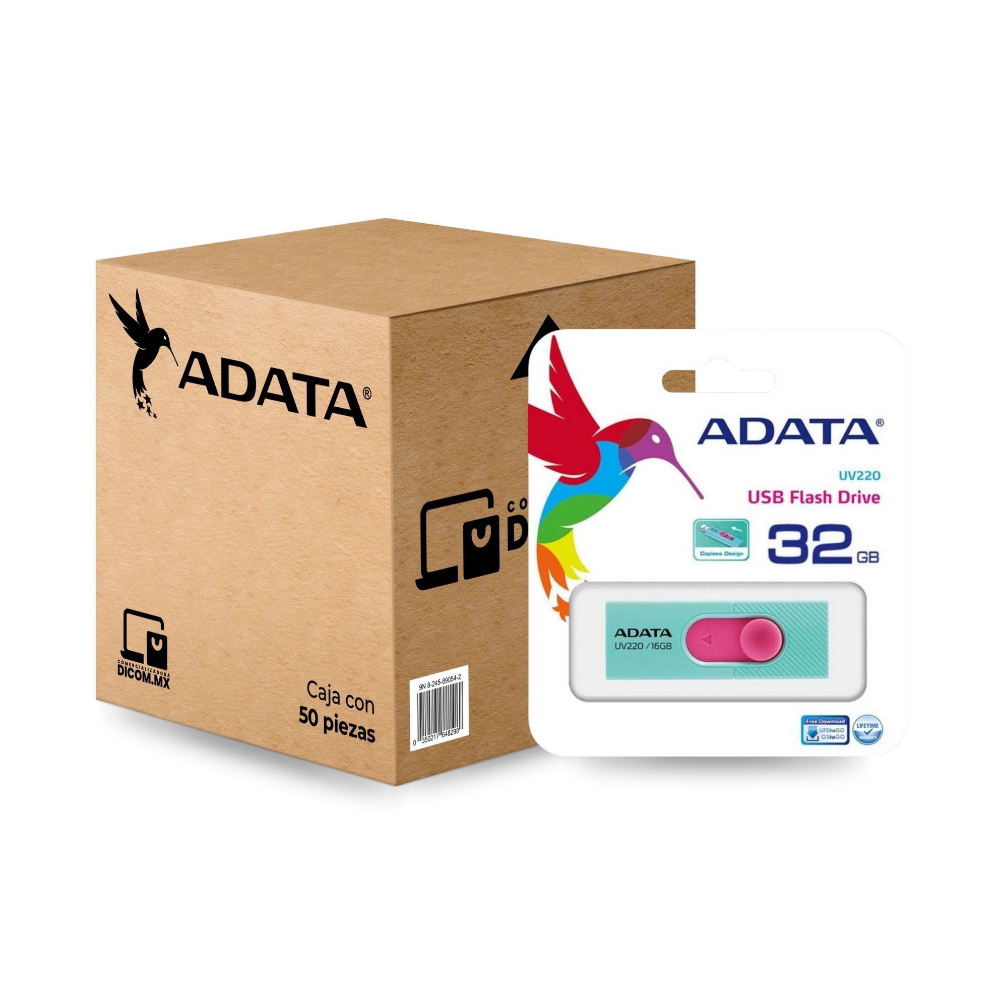 50 Pack - Memoria USB Adata UV220 de 32 GB, USB 2.0, Turquesa con Rosa