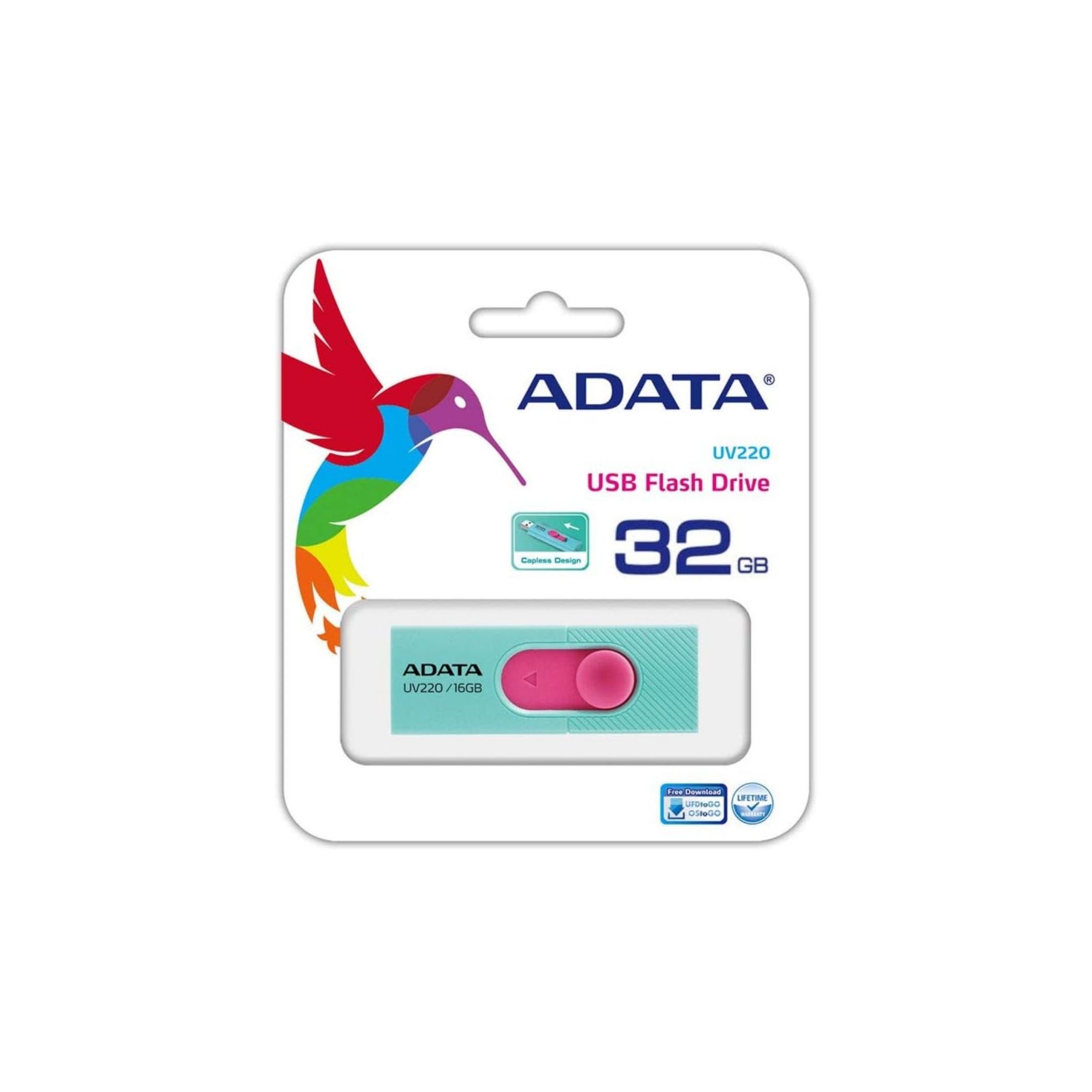 10 Pack - Memoria USB Adata UV220 de 32 GB, USB 2.0, Turquesa con Rosa
