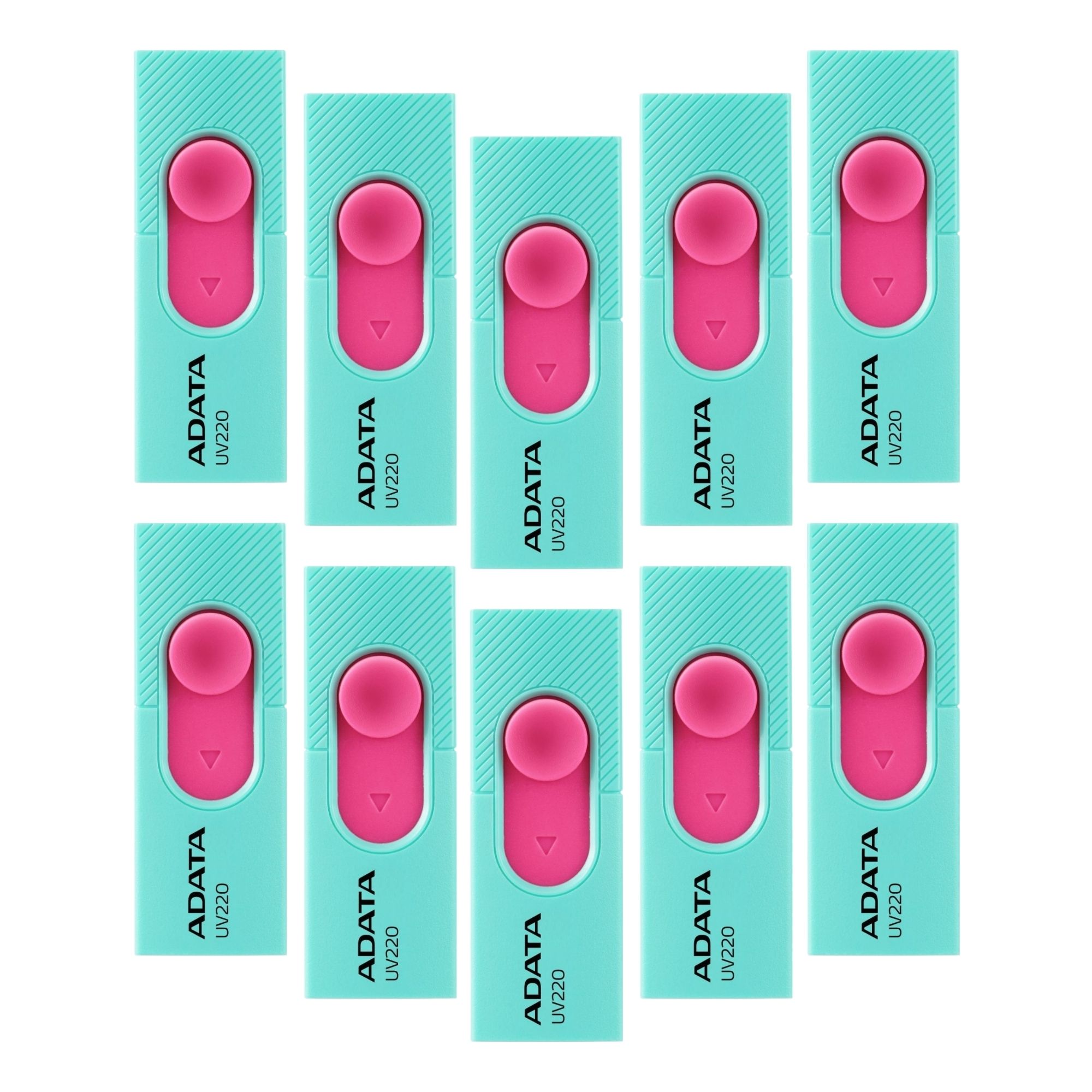 10 Pack - Memoria USB Adata UV220 de 32 GB, USB 2.0, Turquesa con Rosa