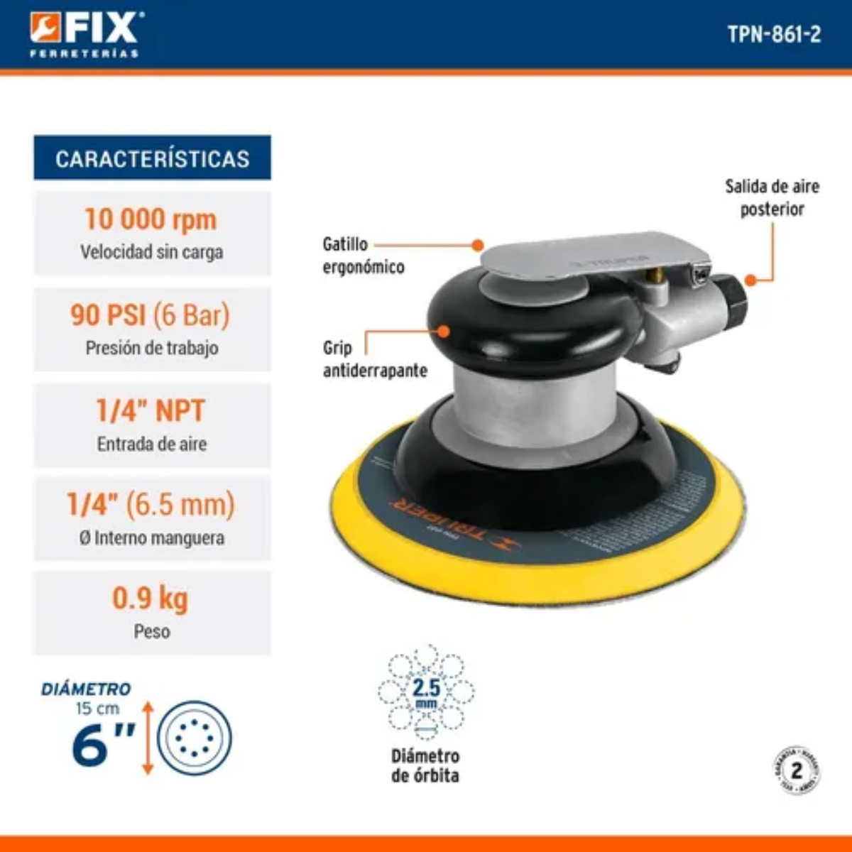 Lijadora orbital neumática industrial 6', Truper Clave TPN-861-2