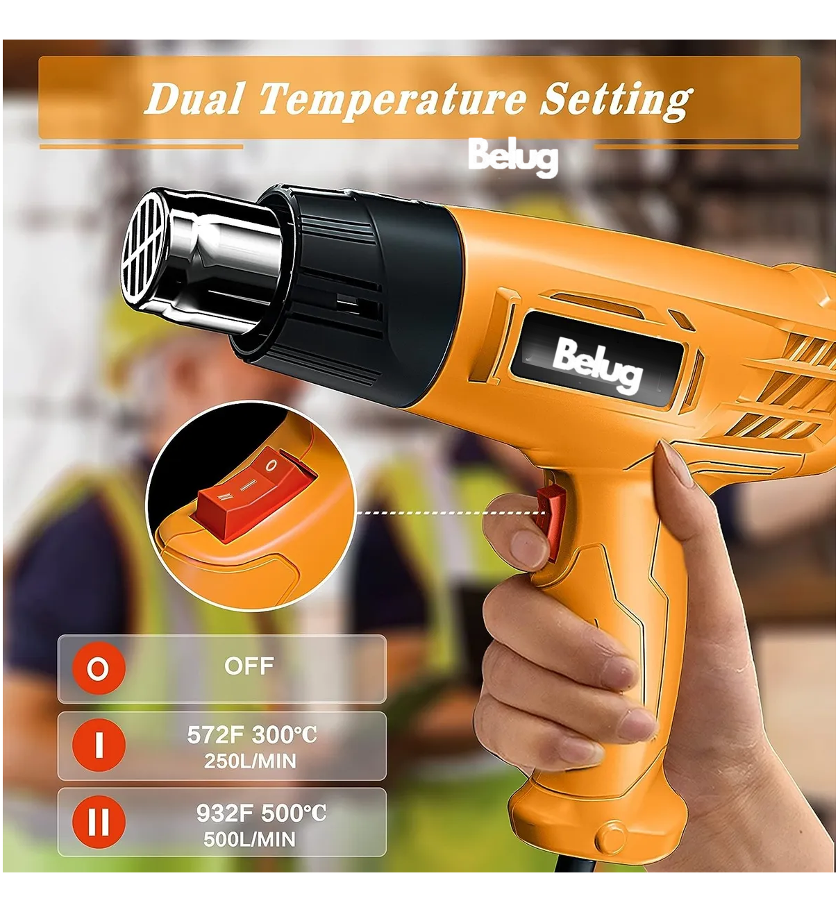 Pistola De Calor De 2000w Belug Temperatura Regulable 4 Boquillas Naranja