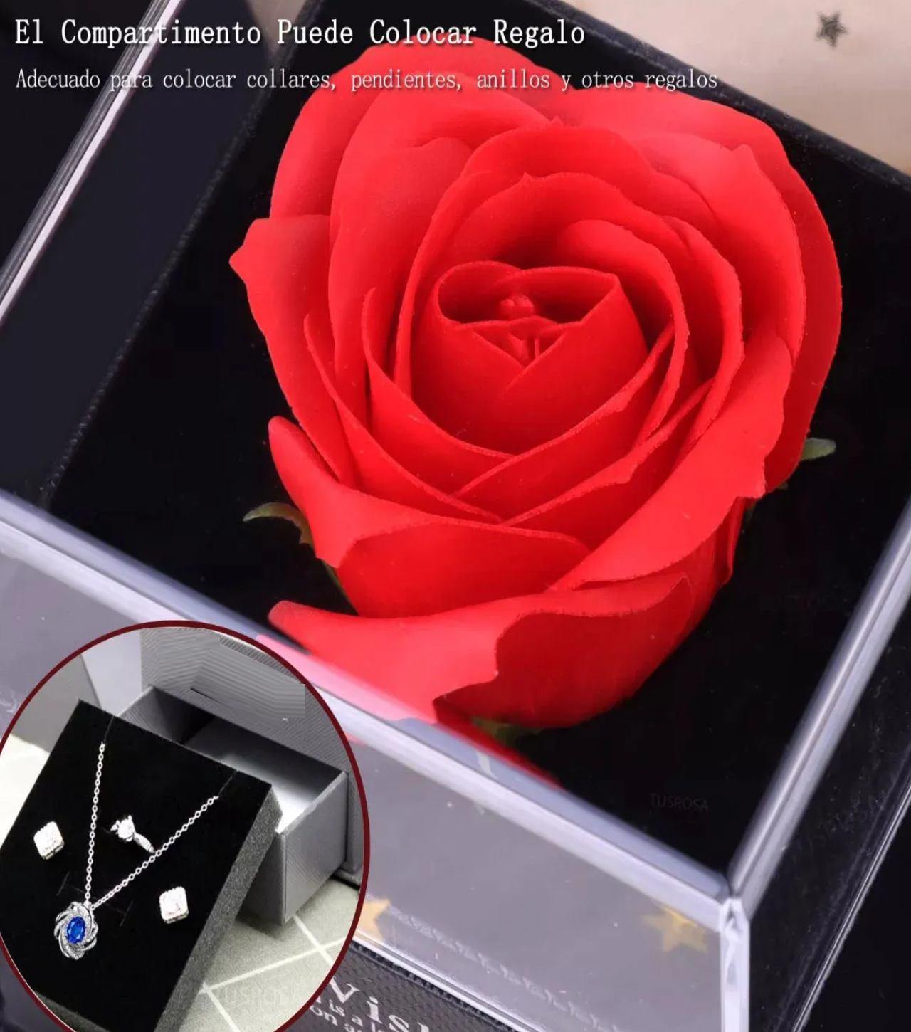 Rosa Roja Flor Artificial Flor Eterna con collar Plata con Azul