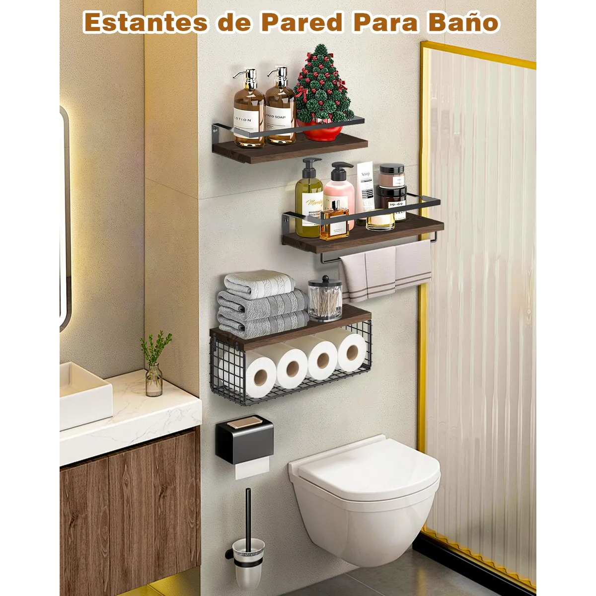 Repisas Flotantes Madera Modernas Estantes Baño Marron Oscuro