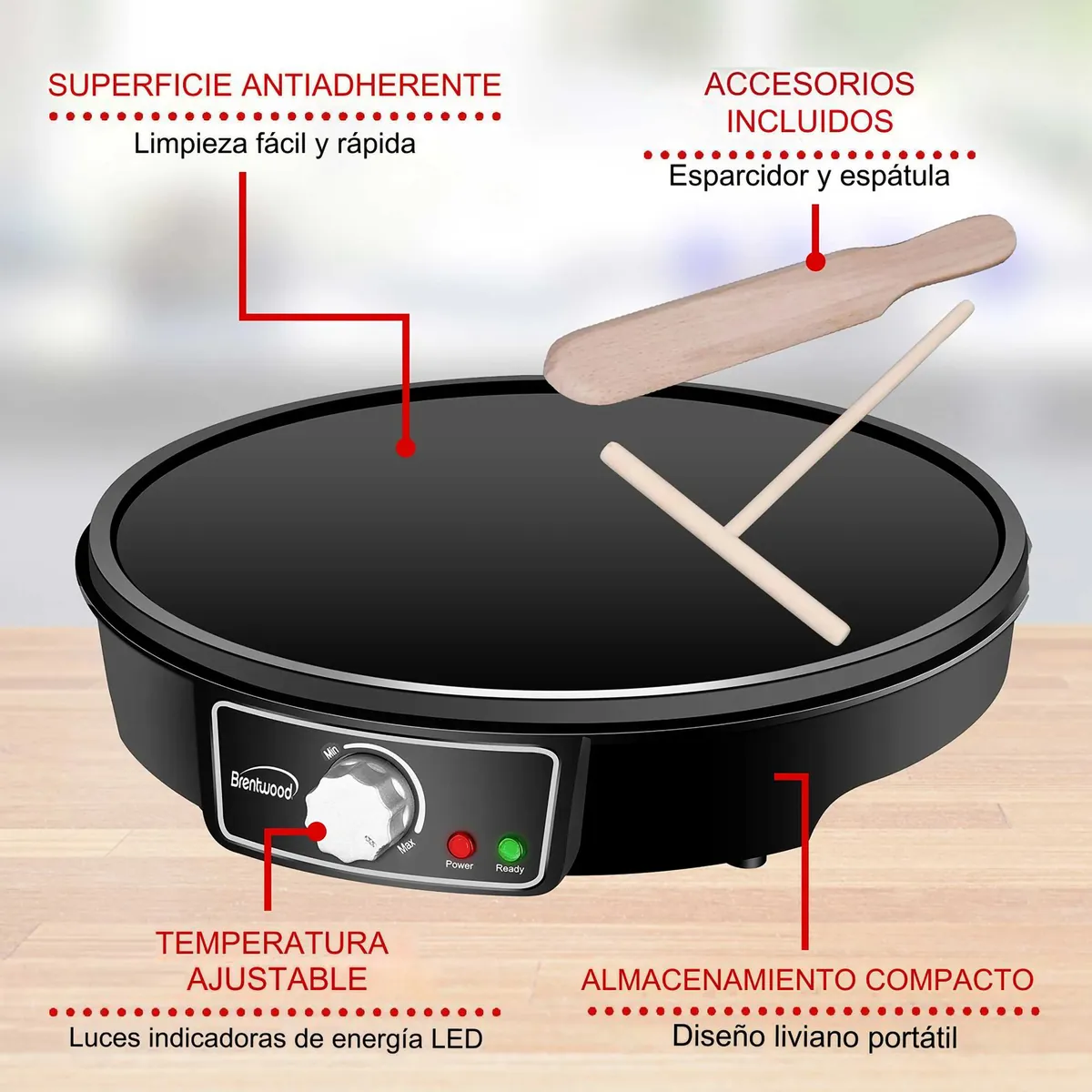 Crepera Eléctrica 30 Cm Antiadherente Brentwood + Utensilios