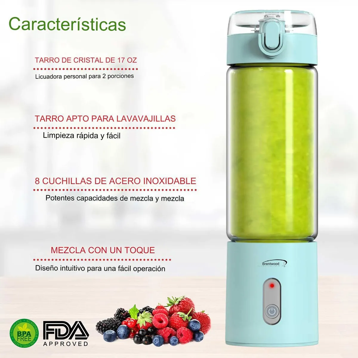 Licuadora Portatil De Vidrio 570ml Recargable Usb Brentwood Azul