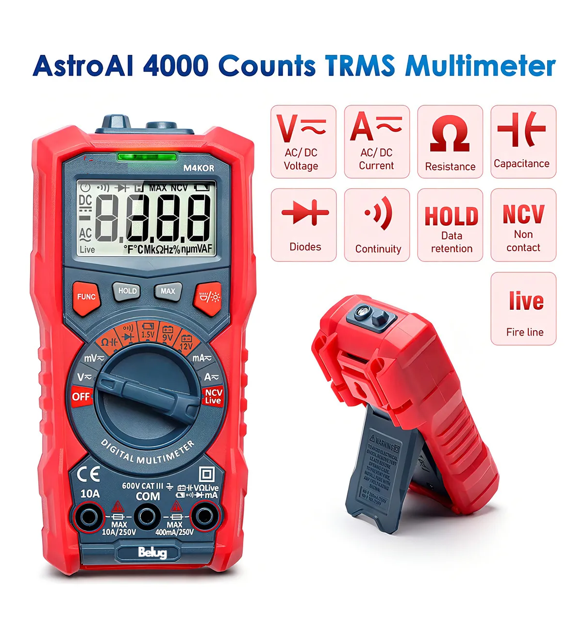 Multímetro Digital 4000 Unidades Belug Rango Automático Voltímetro Rojo