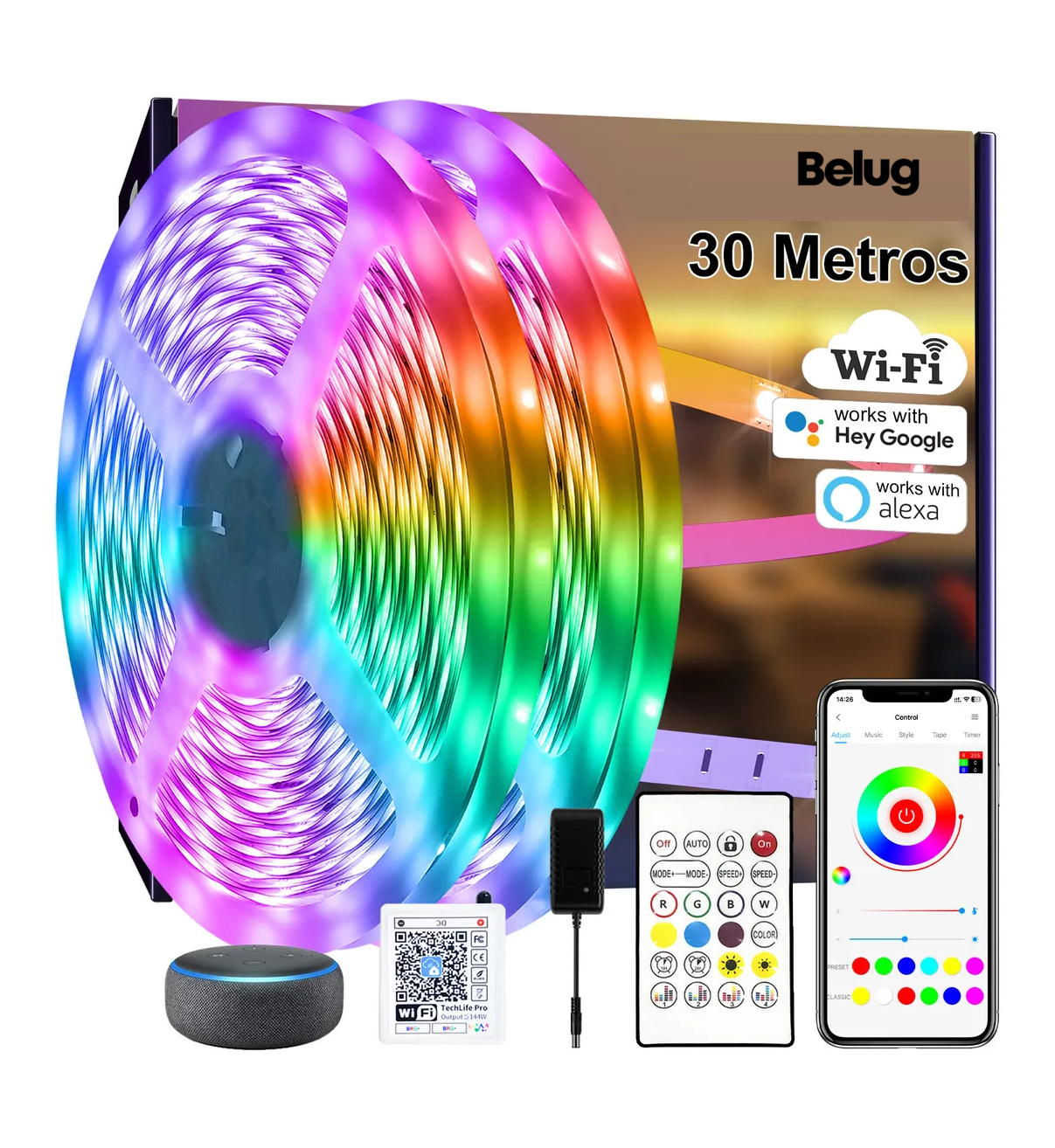Tiras De Luces Led Rgb Wifi 30m Alexa App Control Para Cuarto Belug