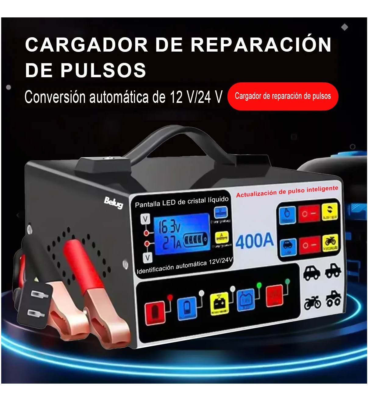 Cargadores De Batería Rápido Belug Coche Moto 12v/24v 400a Lcd