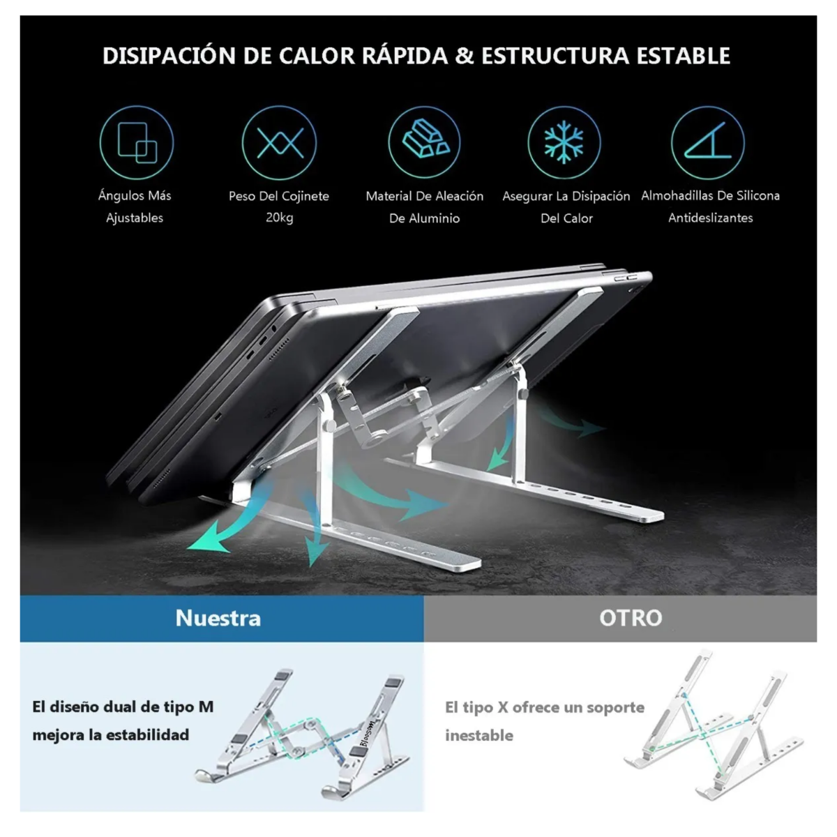 Base Soporte Laptop Aluminio, plegable, portátil Y Ajustable Plateado