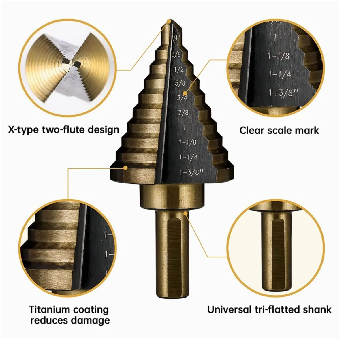Broca Escalonada De Acero Rápido 5 Uds, Dorado