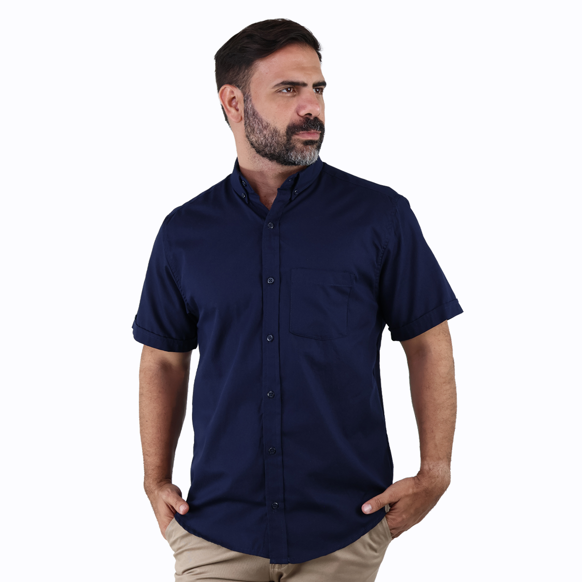 Camisa de Vestir Casual Uniforme Manga Corta Azul Marino para Hombre