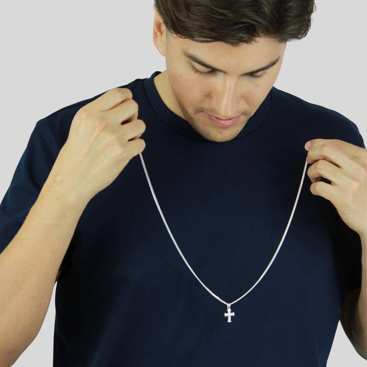 Collar cruz plata .925 hombre cadena barbada 55 cm 3 mm