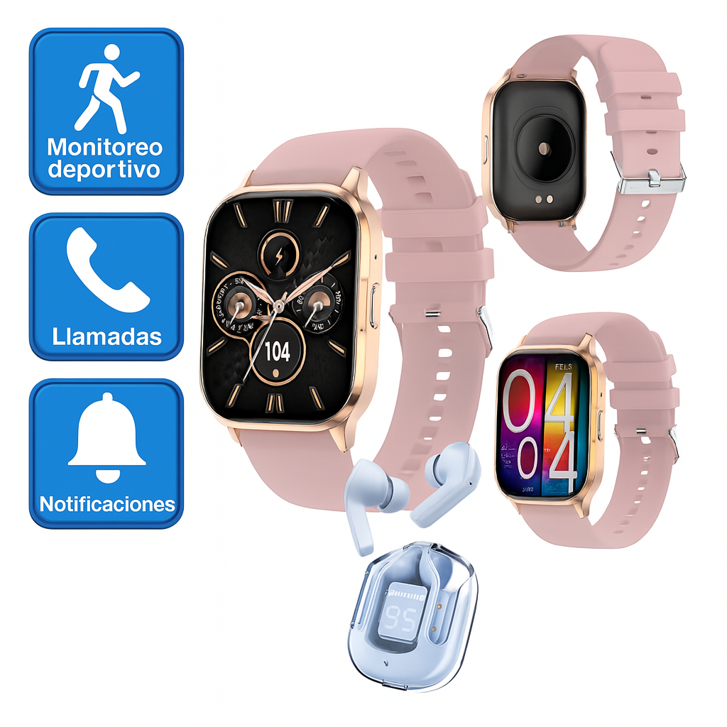 Smartwatch Ultra Pantalla Full Touch HD Rosa + Audífonos Inalámbricos ...