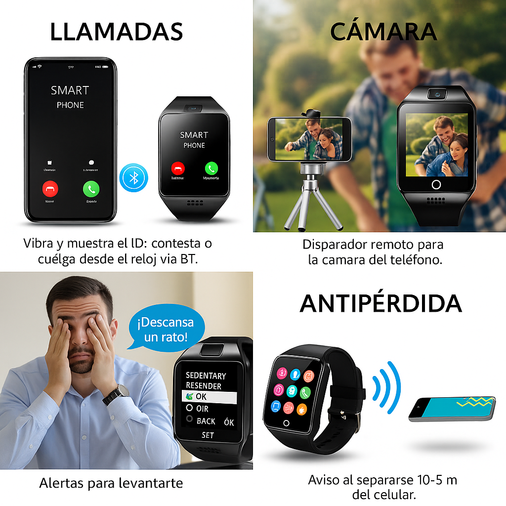 Smartwatch Q18 Negro con Cámara, SIM y microSD – Compatible con Android