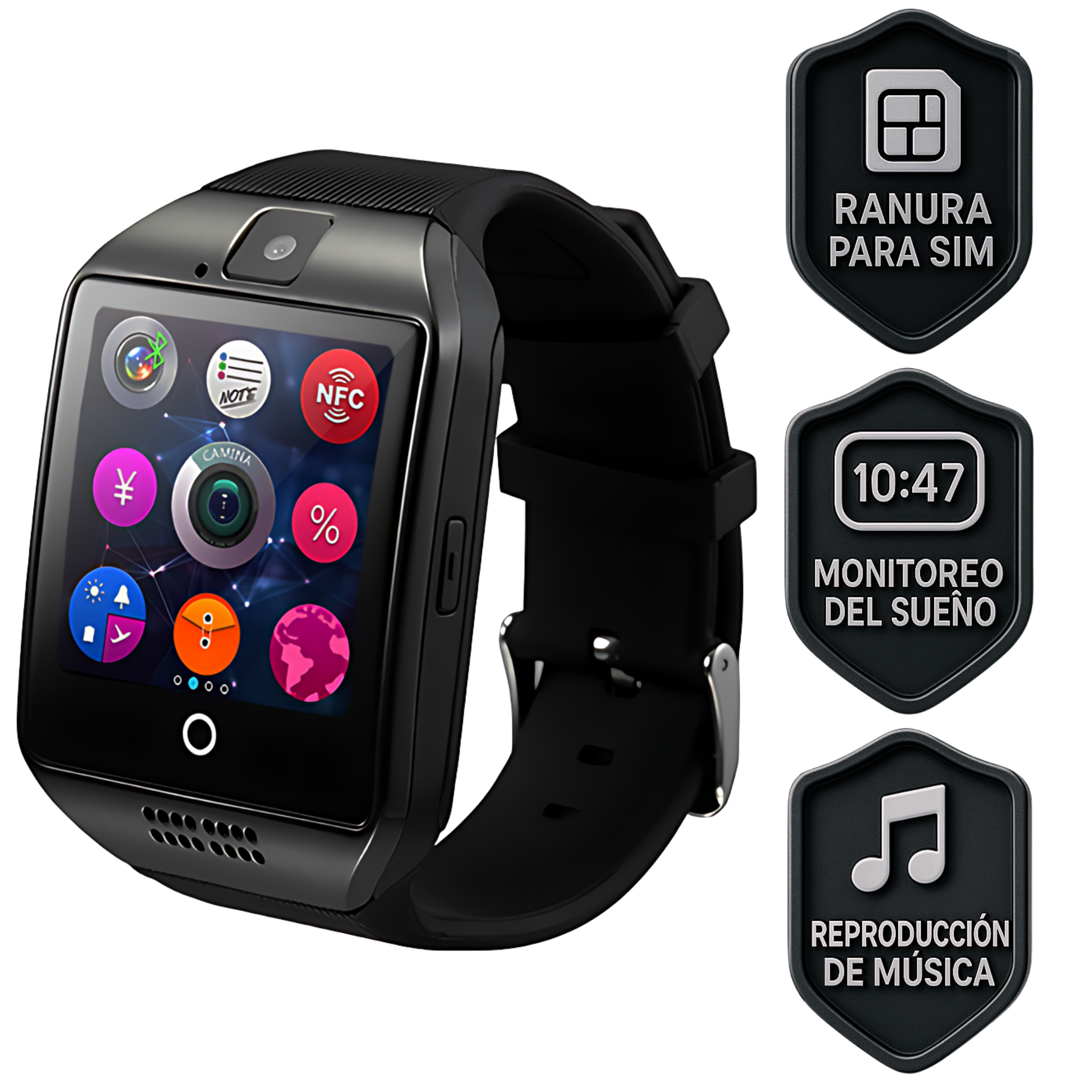 Smartwatch Q18 Negro con Cámara, SIM y microSD – Compatible con Android