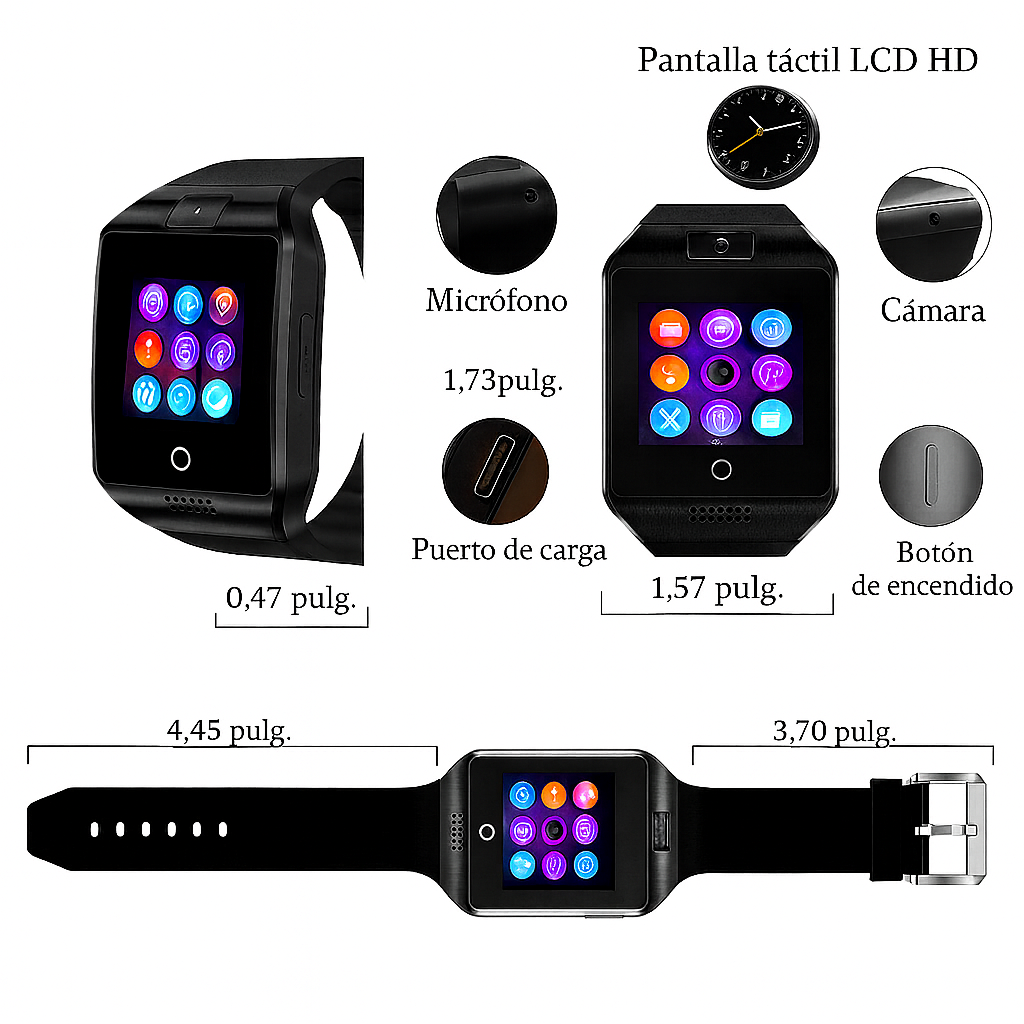Smartwatch Q18 Negro con Cámara, SIM y microSD + Audífonos Inalámbricos ...