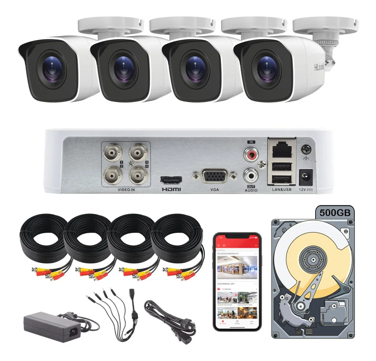 Kit Circuito Cerrado Hikvision HiLook Dvr 4 Canales 4 Cámaras 720p 1MP ...