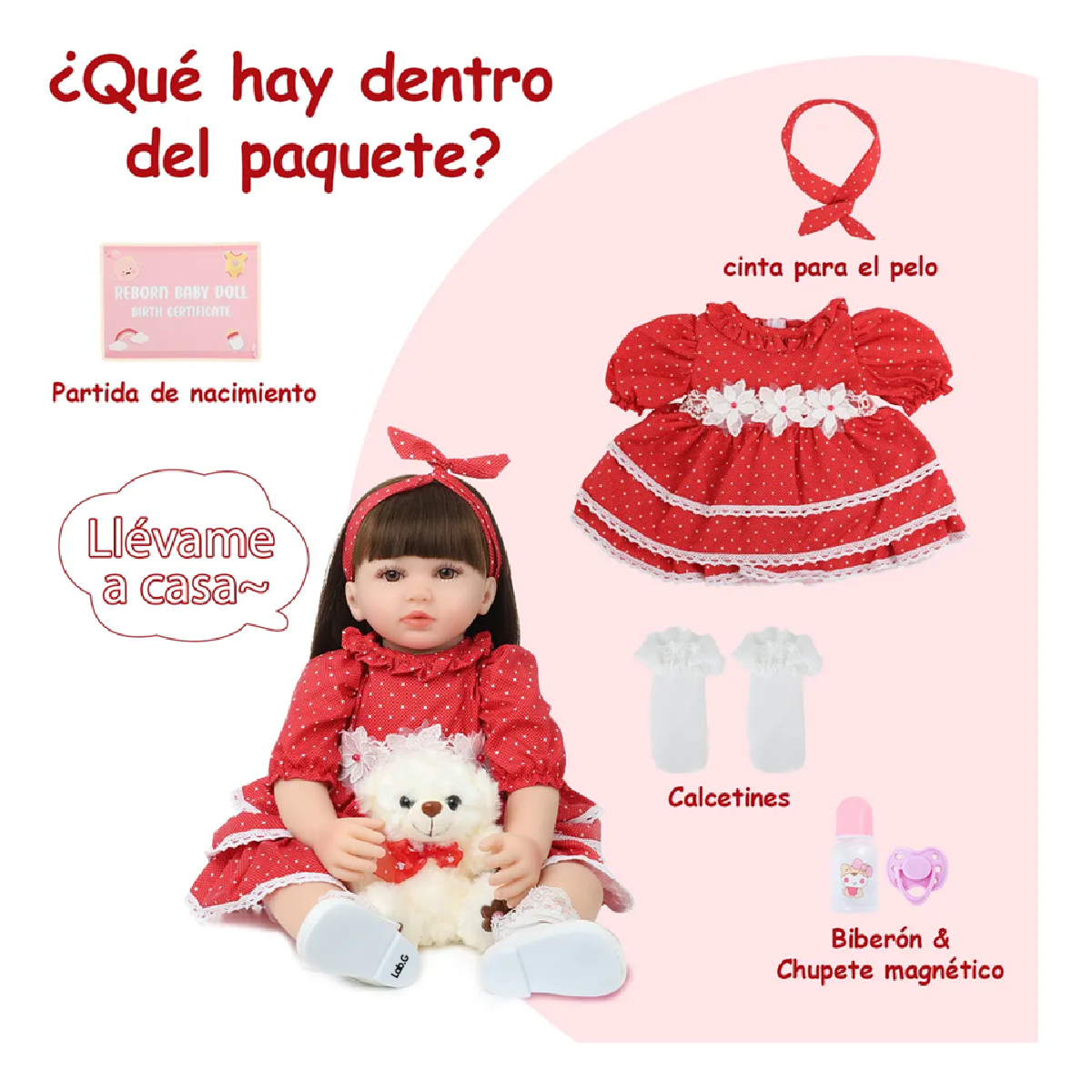 Muñecas Niña Con Cabello Largo 60 cm Color Rojo