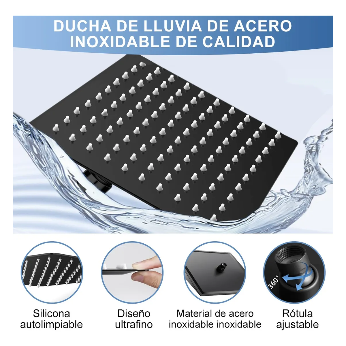 Regadera Cuadrada Alta Presión Tipo Lluvia 4 Modos Ajustable