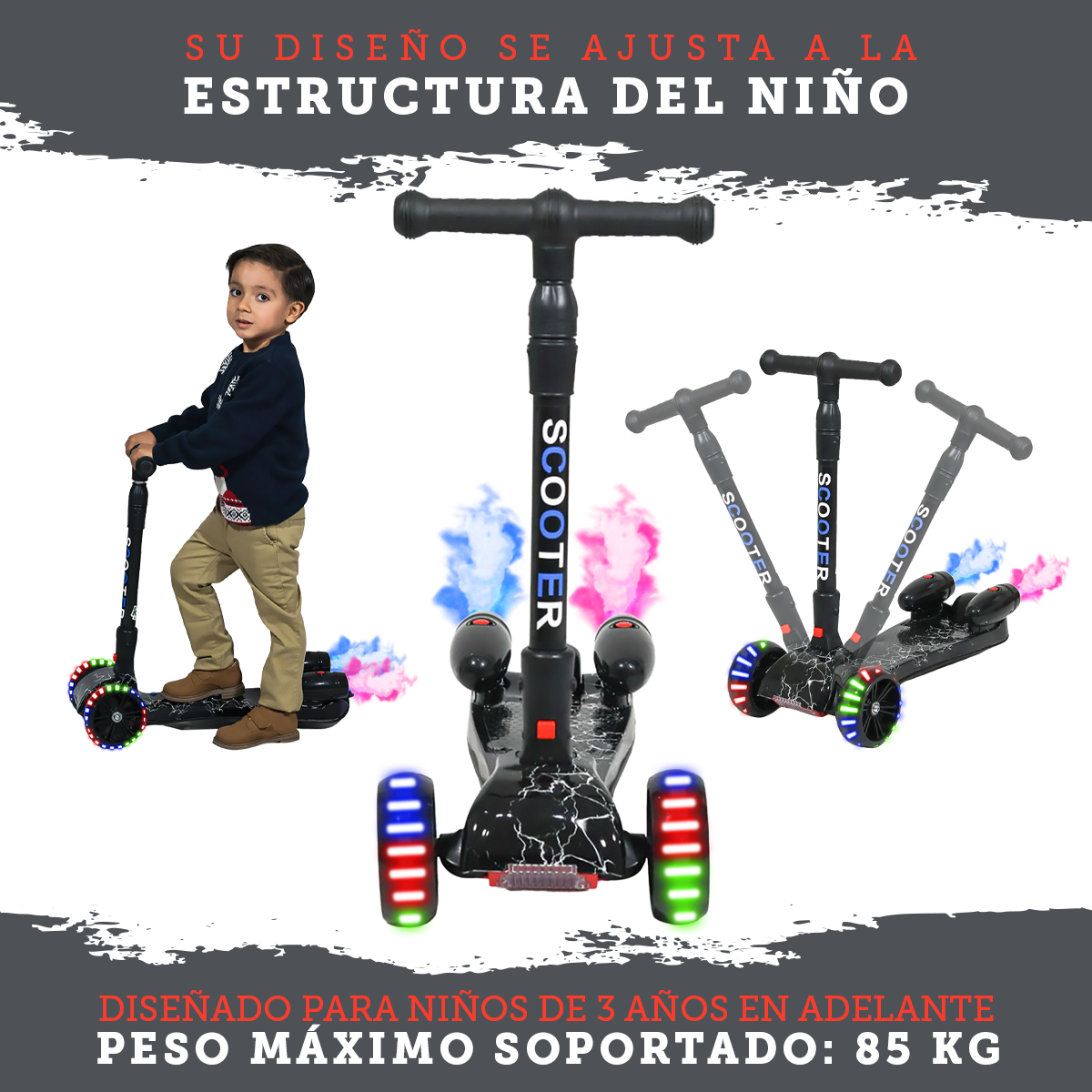 Kinene | Scooter Infantil de 3 Ruedas con Humo, Bluetooth y Música para ...