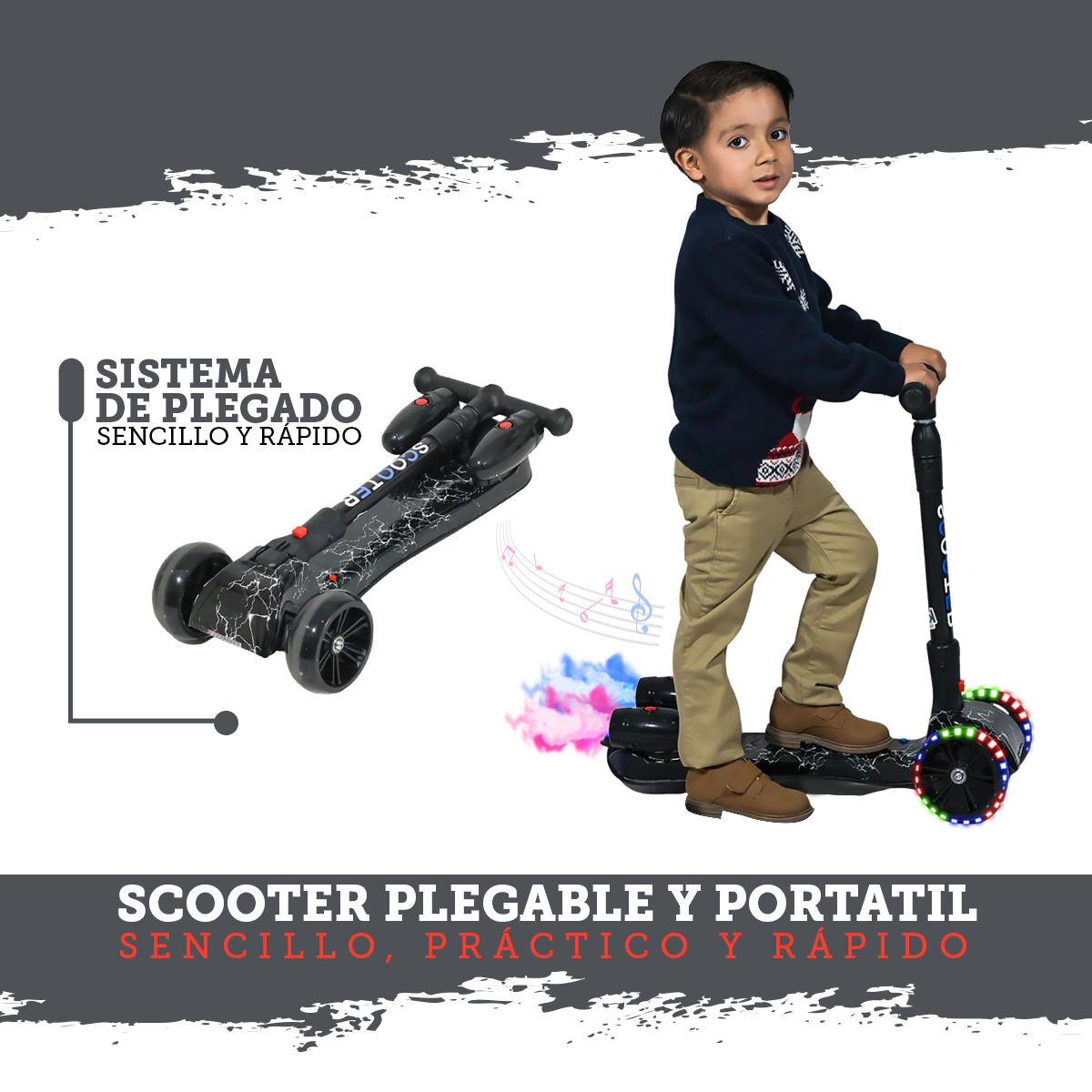 Kinene | Scooter Infantil de 3 Ruedas con Humo, Bluetooth y Música para Niños de 3 a 8 Años ...