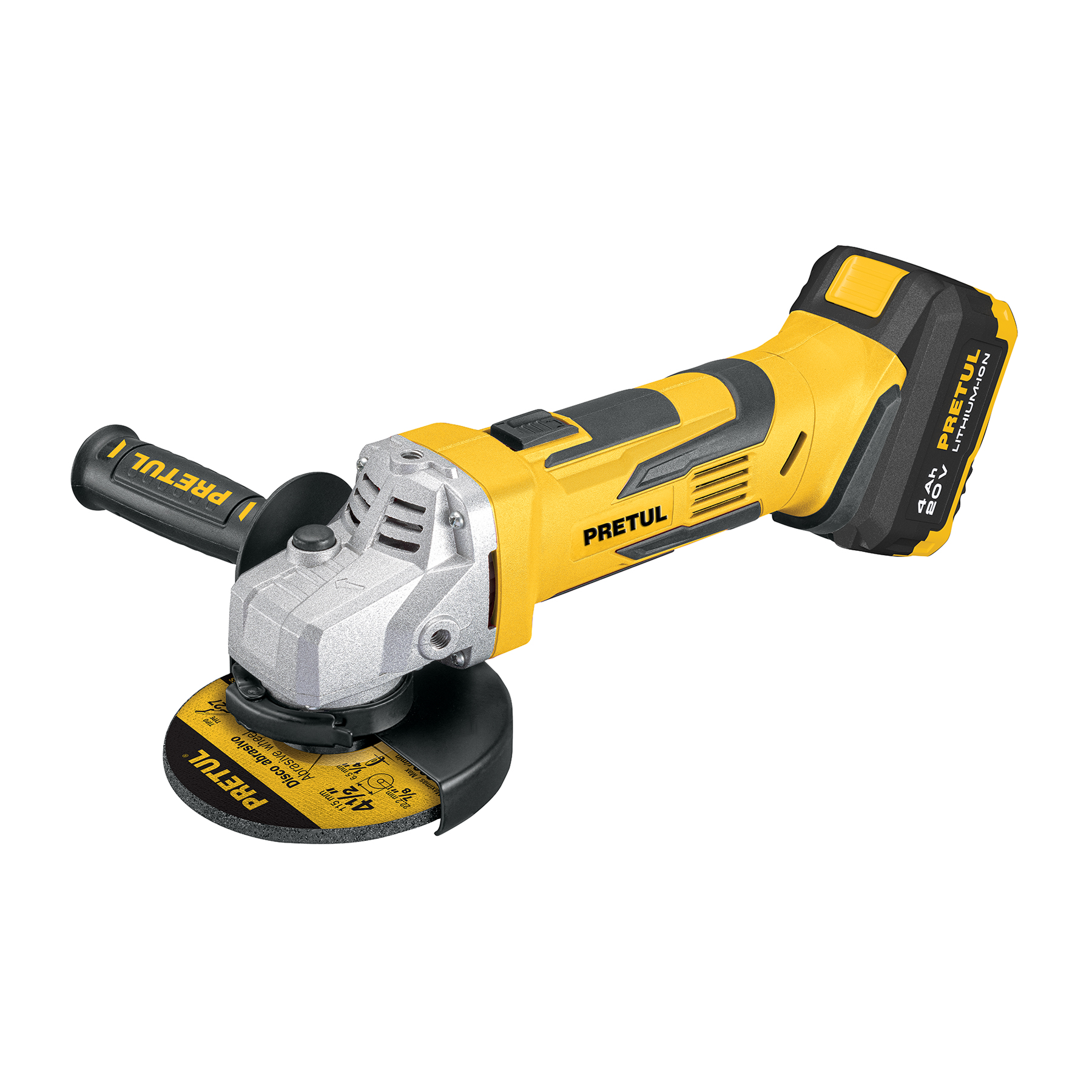 Esmeriladora angula inalambrica 4-1/2", 20V, 1 batería 4Ah, Mango ajustable a 3 posiciones PRETUL