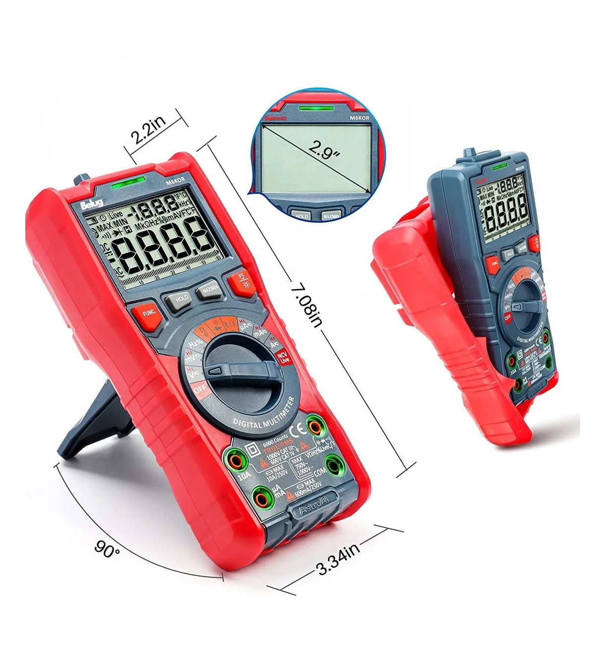Multímetro Digital Profesional, 6000c Belug Voltimetro Amperimetro Rojo