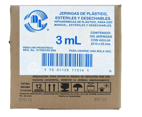 Jeringas De Plastico Dl Pediatrica 3 Ml 23gx25mm Caja 100 Pz