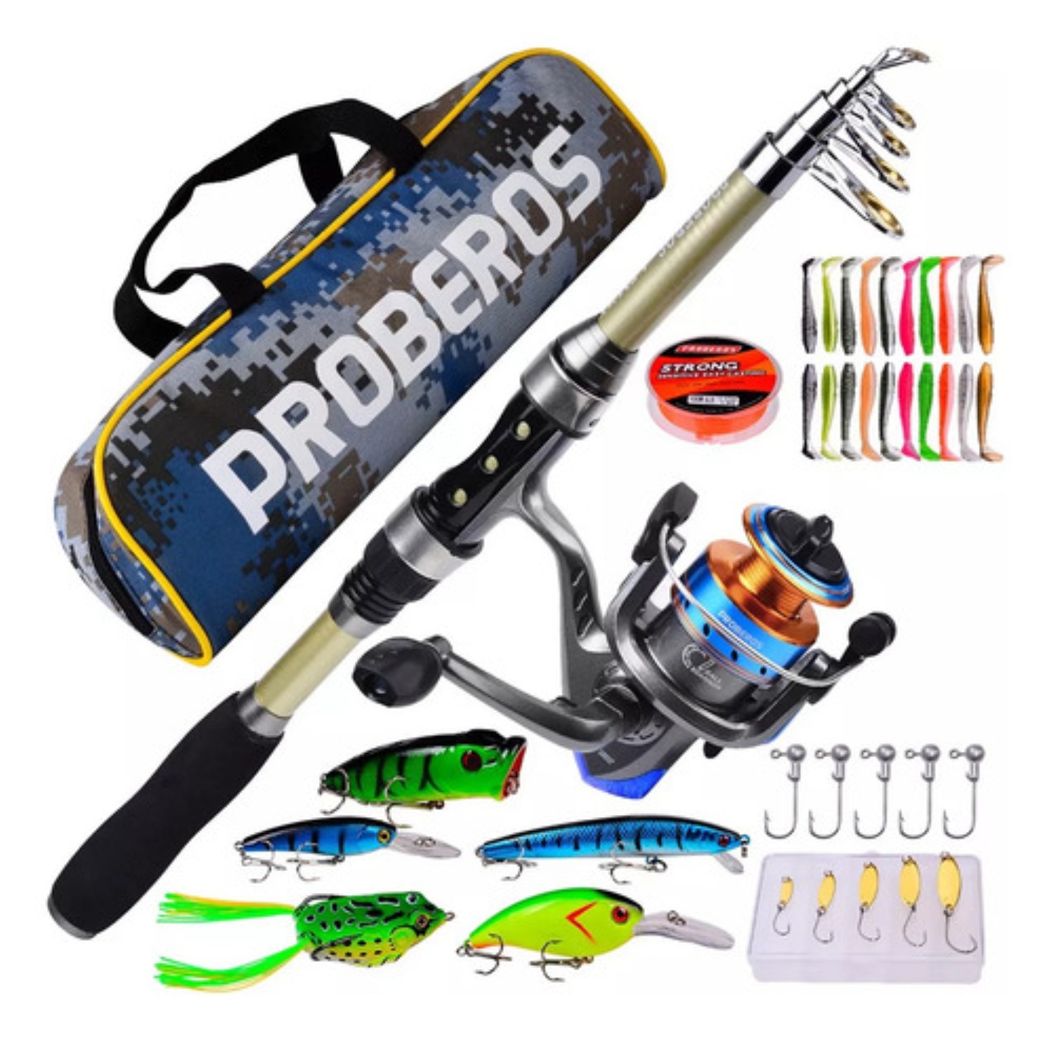 Set De Pesca 1.8m Caña Carrete Señuelos Accesorios Estuche Gris