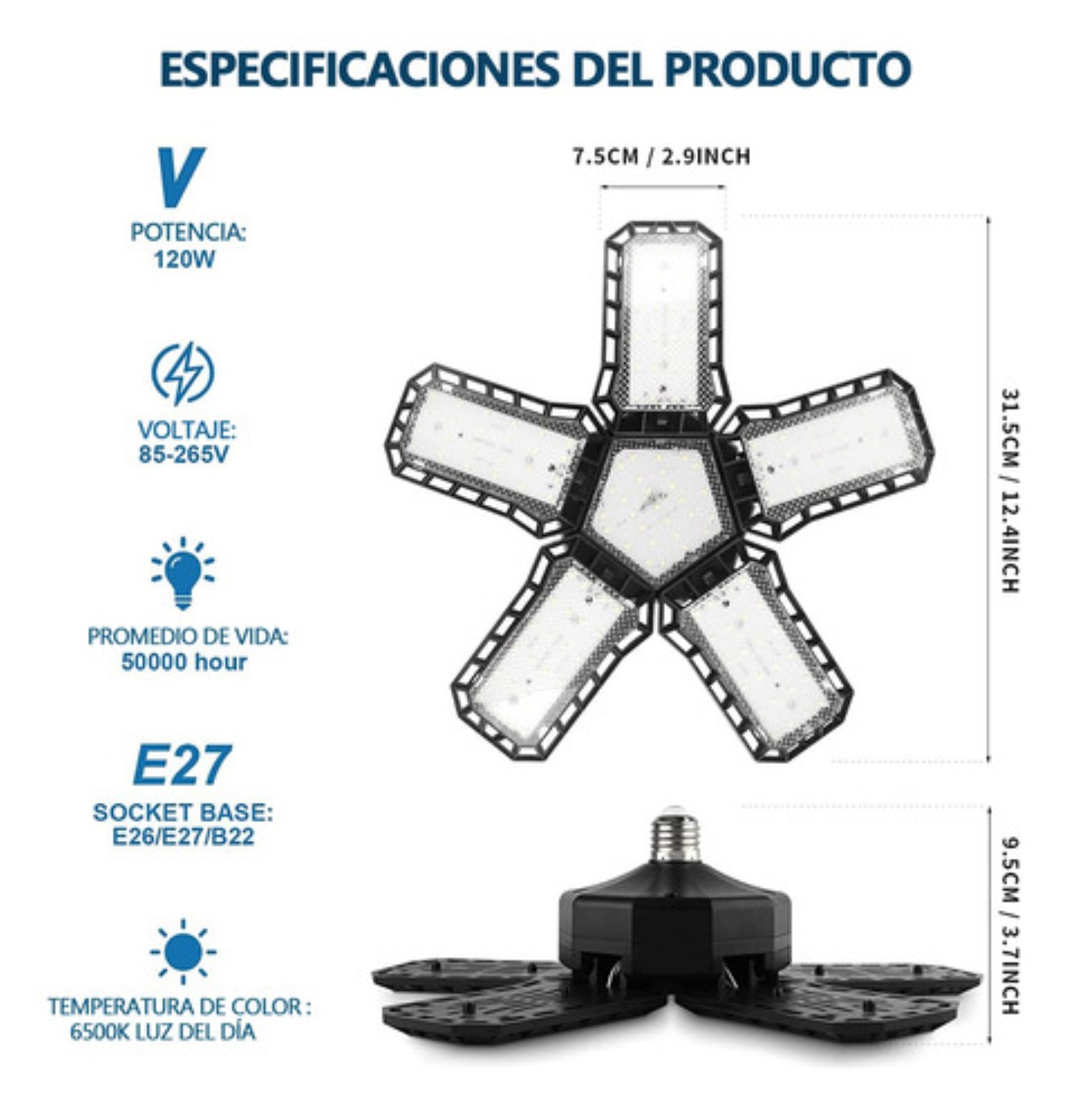 Foco Led Dirigible 5 Aspas 120w Potente Tipo / Industrial blanco con negro