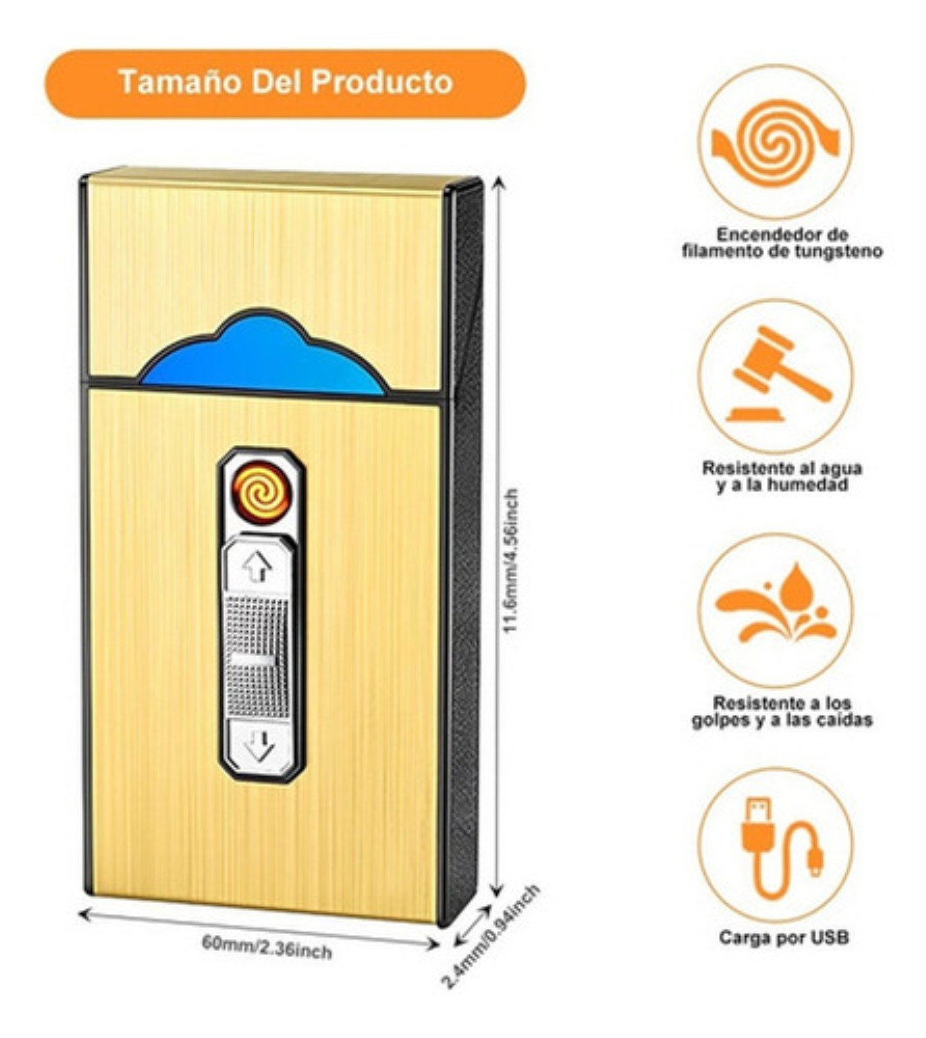 Cigarrera Con Encendedor Electrónico USB Arco Plasma 2 Es 1 DORADO