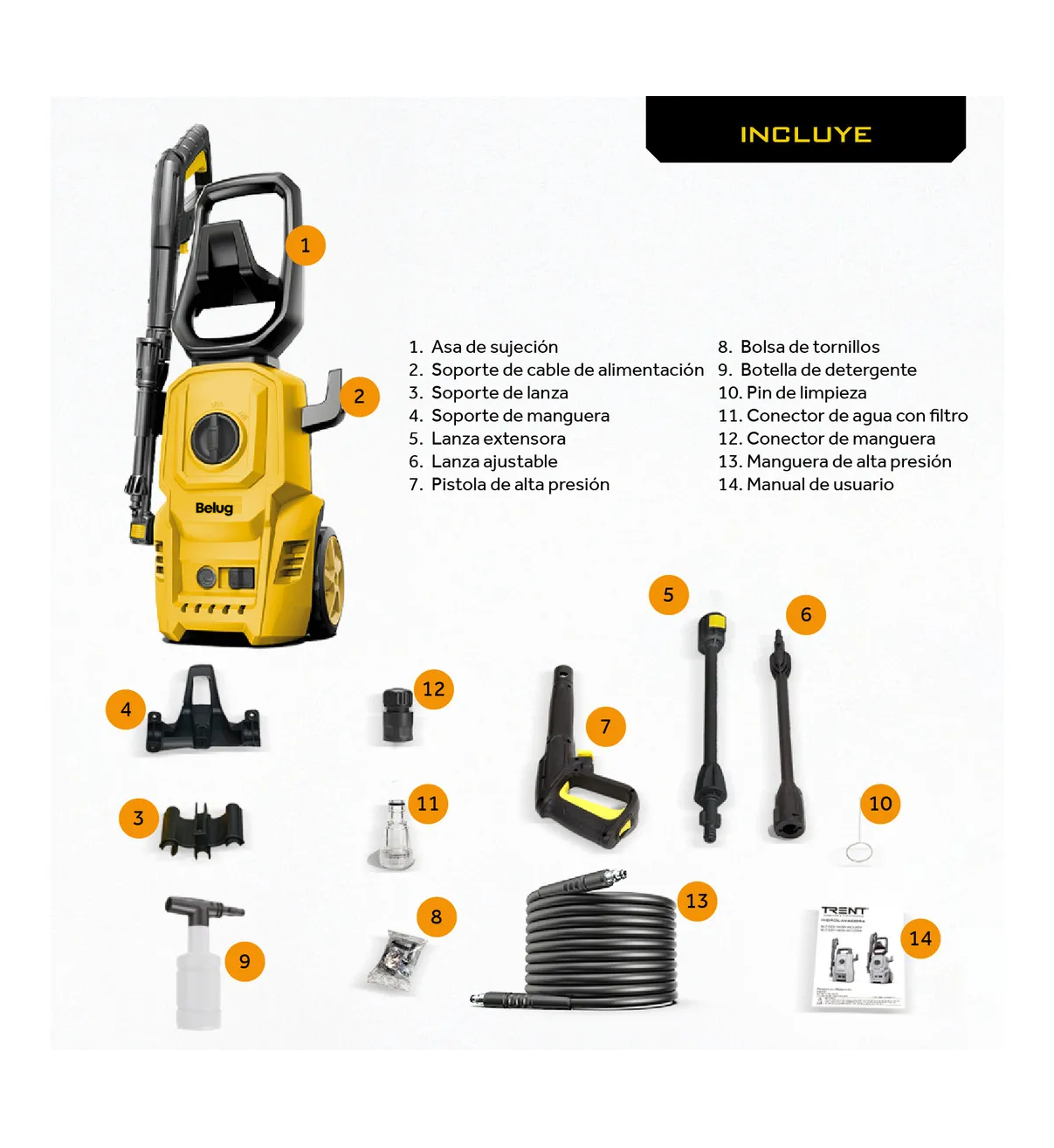 Hidrolavadora Electrica Belug 1400w Alta presion 1600 Psi Negro y Amarillo