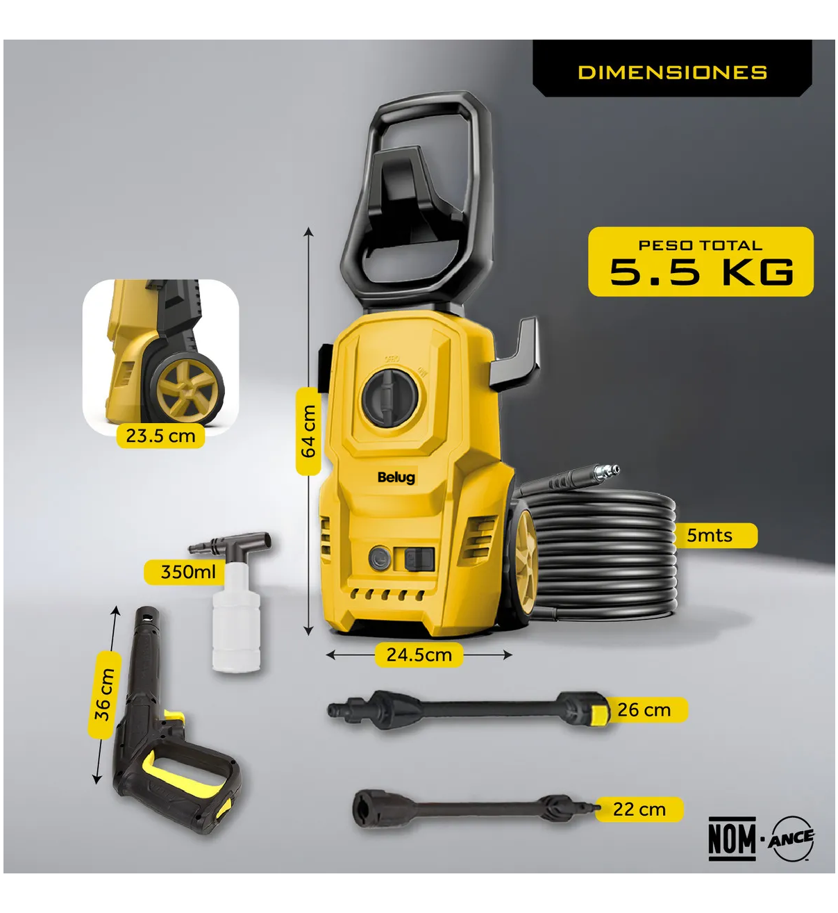 Hidrolavadora Electrica Belug 1400w Alta presion 1600 Psi Negro y Amarillo