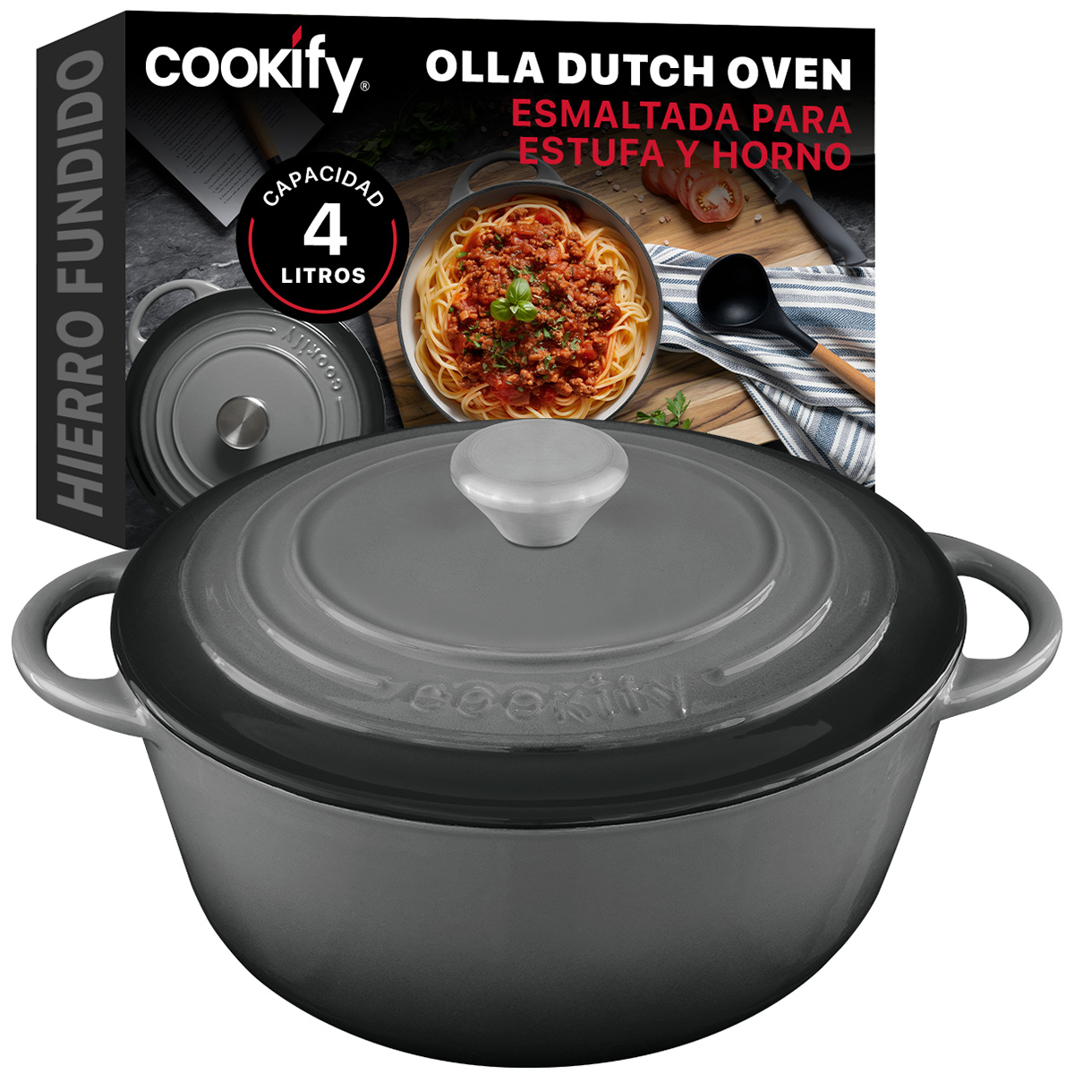 Horno Holandés Olla De Hierro Fundido Con Esmaltado 4 Lts Gris Cookify.