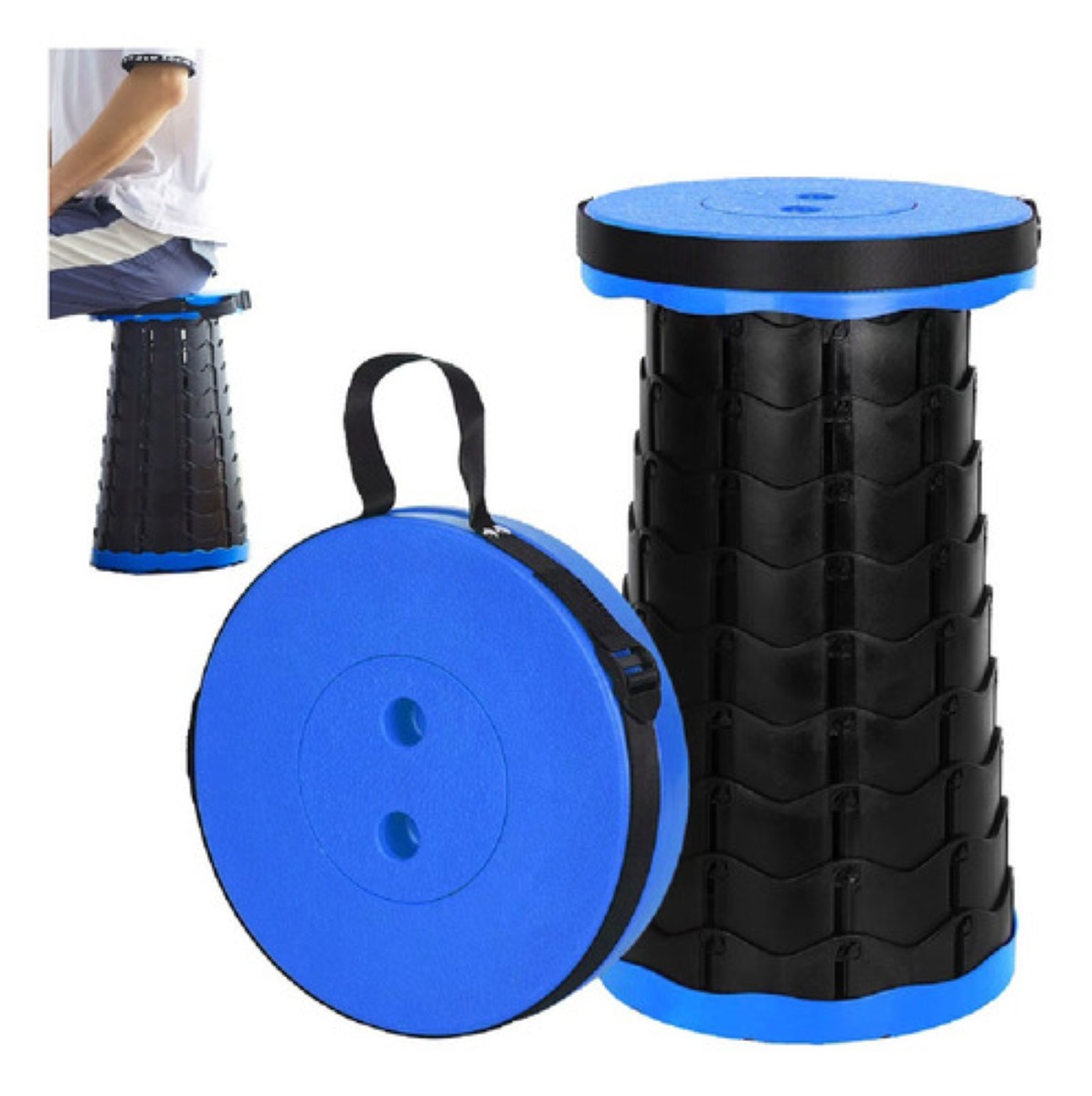 Banco Retráctil Taburete Plegable Portátil Negro con Azul